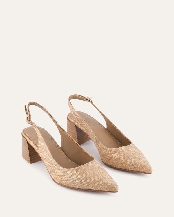 CARA LOW HEELS TAN RAFFIA - Jo Mercer