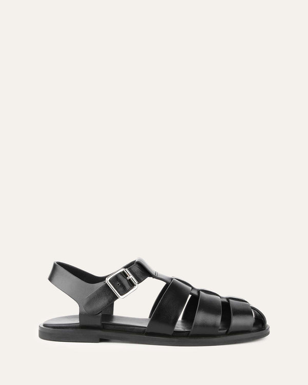 FINN FLAT SANDALS BLACK LEATHER - Jo Mercer