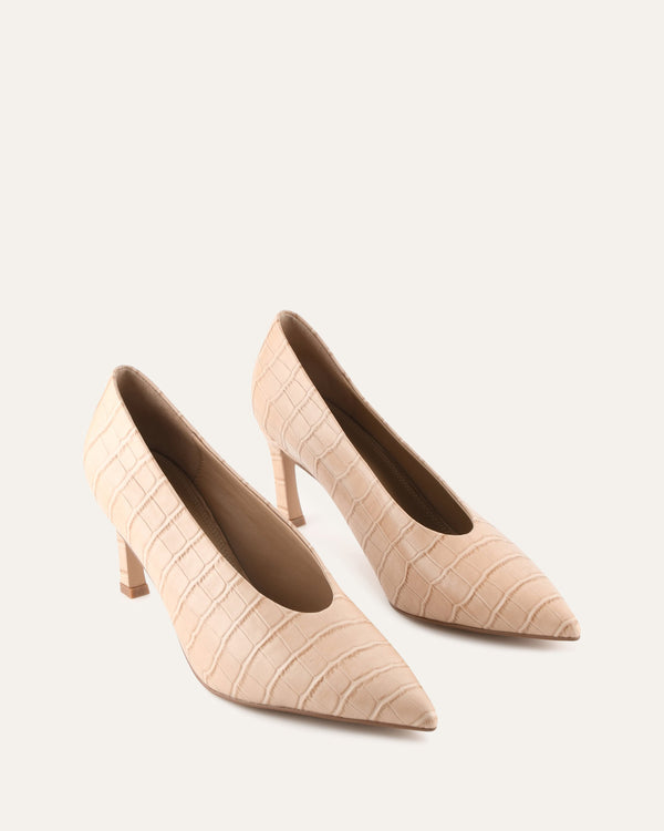 MARILYN MID HEELS BEIGE CROC - Jo Mercer