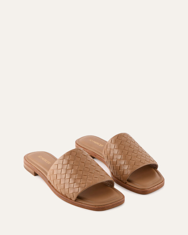 PEARL FLAT SLIDES TAN LEATHER - Jo Mercer