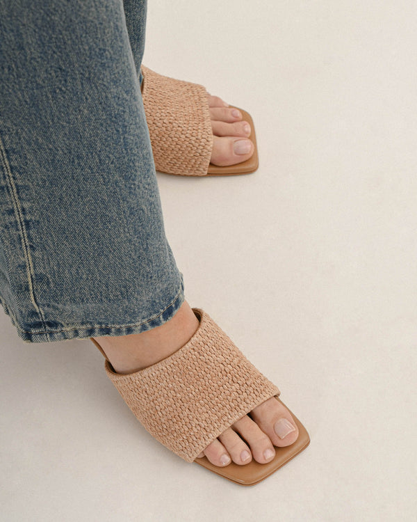 HERBIE MID HEEL SANDALS TAN RAFFIA - Jo Mercer